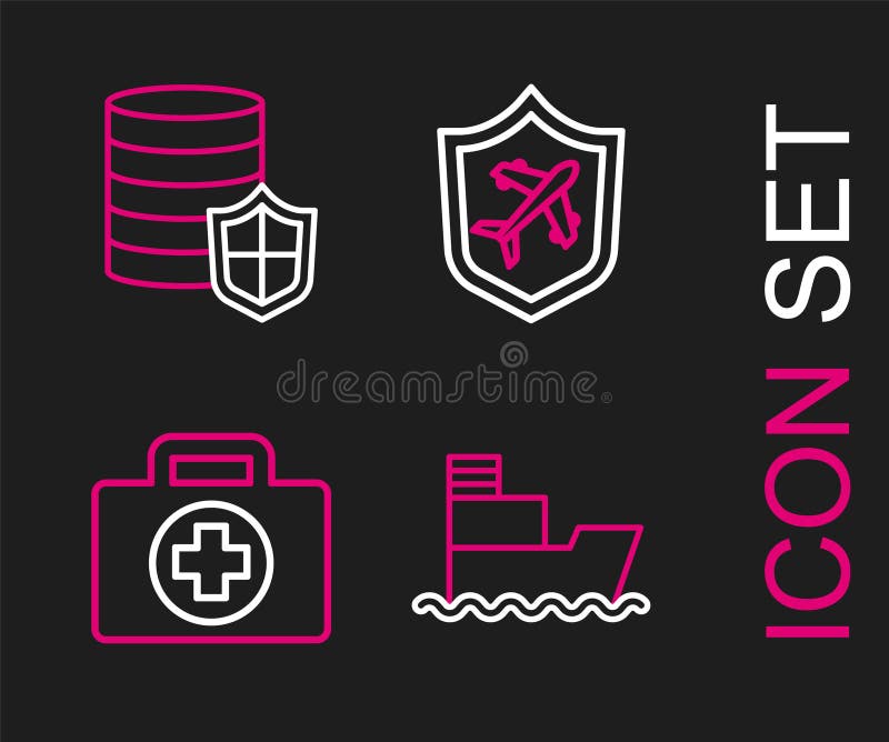 Set Line Ship, First Aid Kit, Plane with Shield and Money Icon. Vector ...