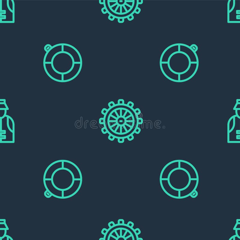 Set Line Ship Steering Wheel, Lifebuoy and Fisherman on Seamless ...