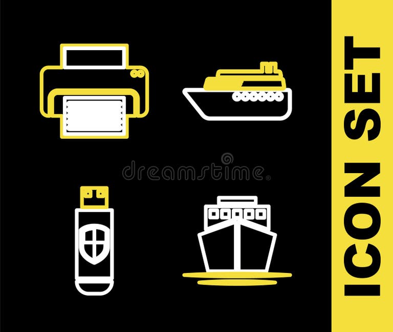 Set Line Ship, USB Flash Drive and Shield and Printer Icon. Vector ...