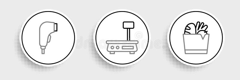 Set Line Shopping Bag and Food, Scanner Scanning Bar Code and ...