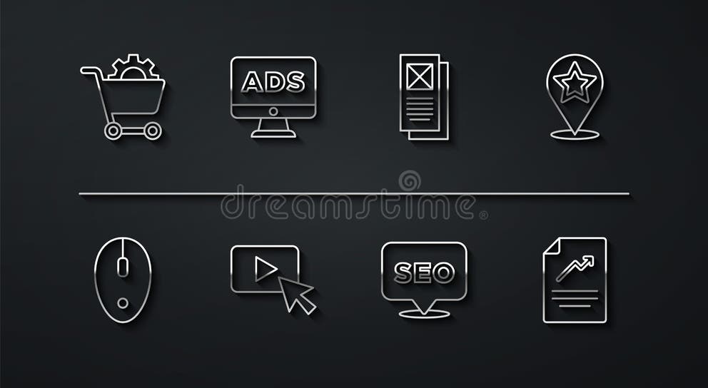 Set Line Shopping Cart, Computer Mouse, Map Pointer with Star, SEO Optimization, Advertising ...