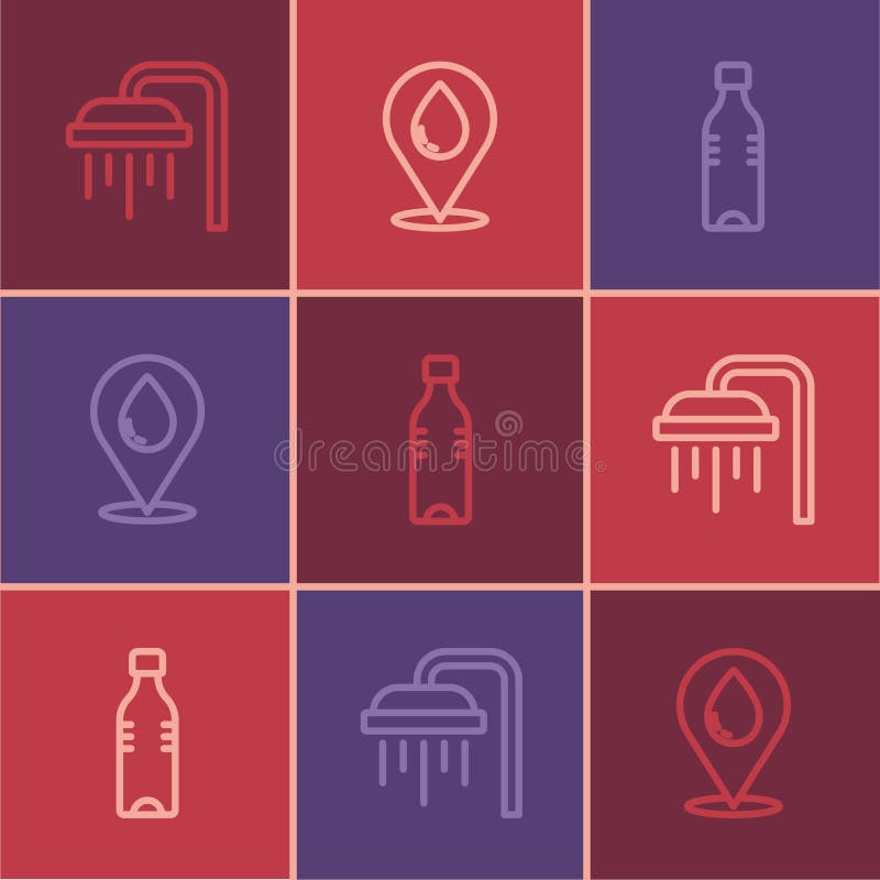 Set Line Shower, Bottle of Water and Water Drop with Location Icon ...