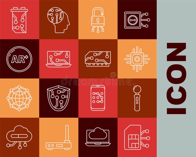 Set Line Sim Card, Gamepad, Processor, Lock on Digital Circuit Board ...