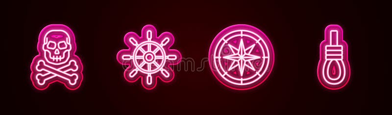 Set Line Skull on Crossbones, Ship Steering Wheel, Compass and Gallows ...