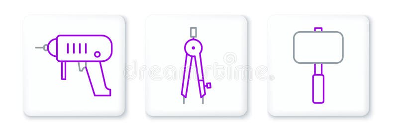 Set Line Sledgehammer, Electric Drill Machine and Drawing Compass Icon ...