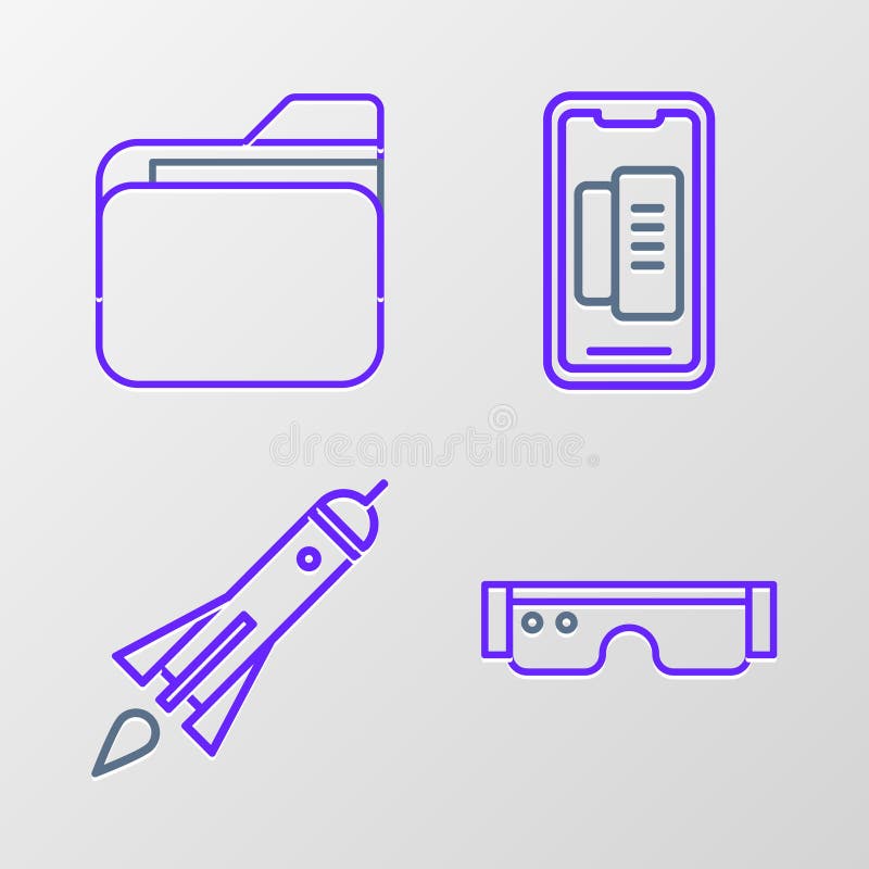 Set Line Smart Glasses, Rocket Ship with Fire, Smartphone, Mobile Phone ... Set Line Smart Glasses, Rocket Ship with Fire, Smartphone, Mobile Phone ...
