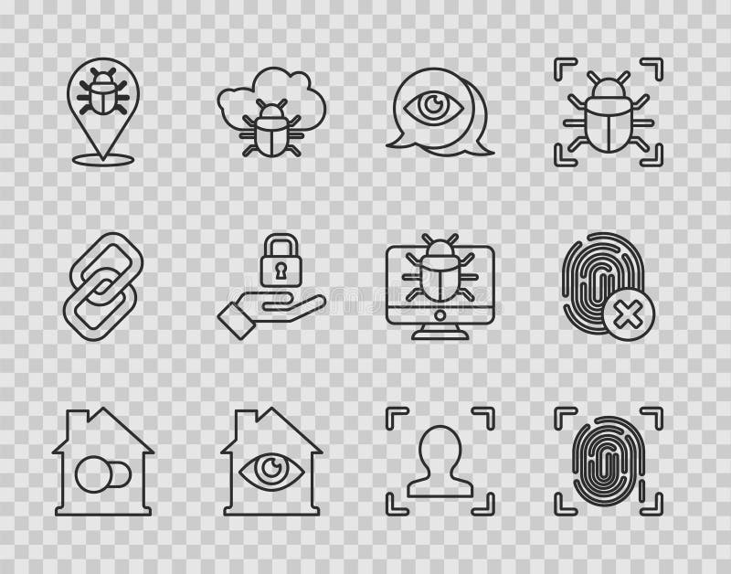 Set Line Smart Home, Fingerprint, Eye Scan, House with Eye, System Bug ... Set Line Smart Home, Fingerprint, Eye Scan, House with Eye, System Bug ...