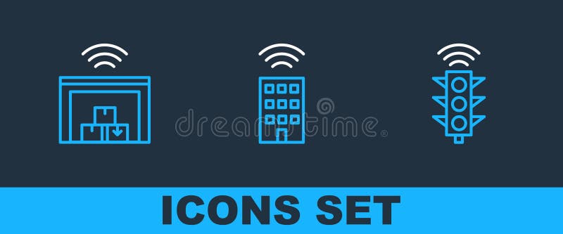 Set Line Smart Traffic Light, Warehouse and Home with Wireless Icon ... Set Line Smart Traffic Light, Warehouse and Home with Wireless Icon ...