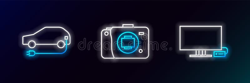 Set Line Smart Tv, Electric Car and Mirrorless Camera Icon. Glowing ...