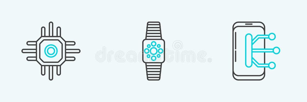 Set Line Smartphone, Mobile Phone, Processor and Smartwatch Icon ...