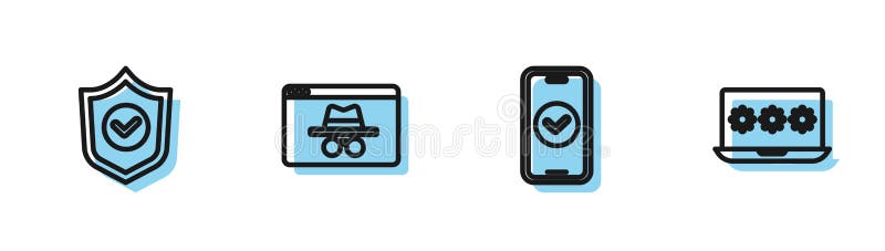 Set Line Smartphone, Shield with Check Mark, Browser Incognito Window ...