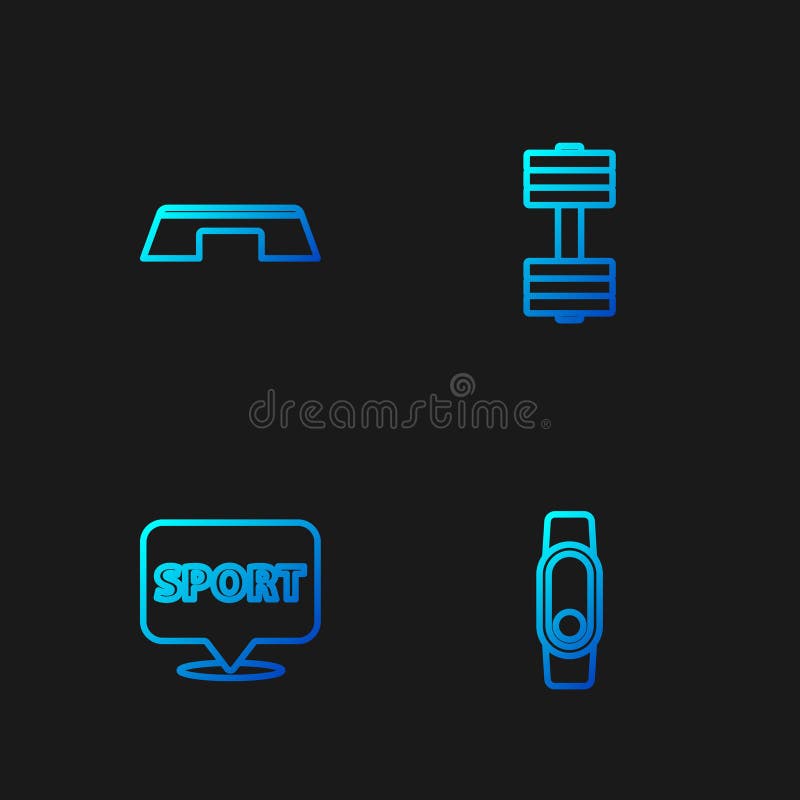Set Line Smartwatch, Location Gym, Step Platform and Dumbbell. Gradient ...