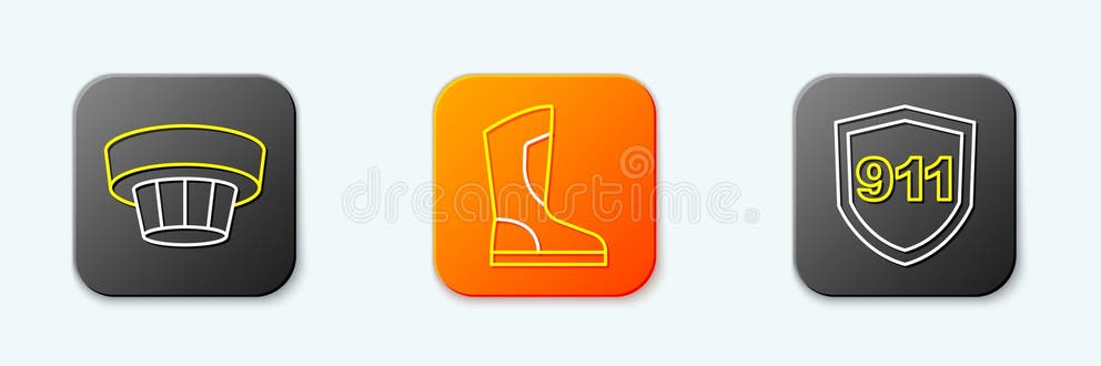Set Line Smoke Alarm System, Fire Boots and Emergency Call 911 Icon ...