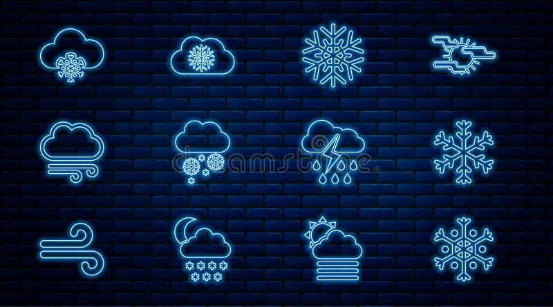 Set Line Snowflake, Cloud with Snow, Windy Weather, Rain and Lightning ...