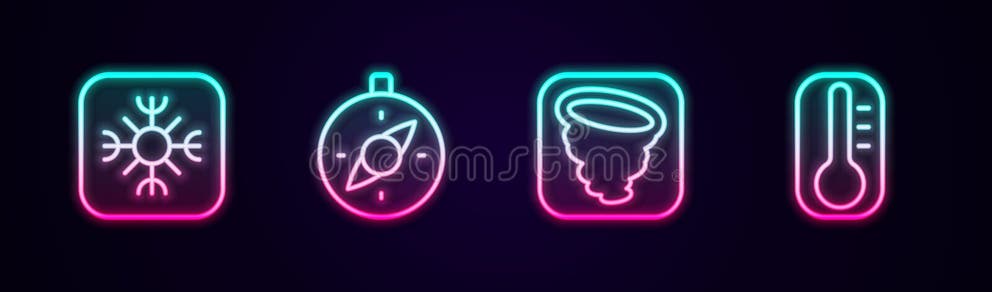 Set Line Snowflake, Compass, Tornado and Thermometer. Glowing Neon Icon ...