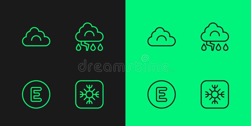 Set Line Snowflake, Compass West, Cloud and and Lightning Icon. Vector ...