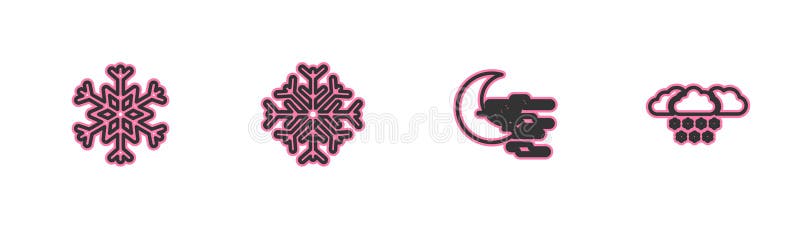 Set Line Snowflake, Fog and Moon, and Cloud with Snow Icon. Vector ...