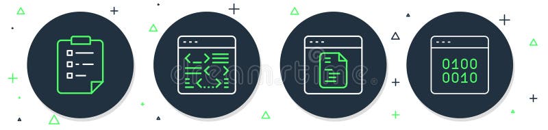 Set Line Software, Clipboard with Checklist and Binary Code Icon ... Set Line Software, Clipboard with Checklist and Binary Code Icon ...