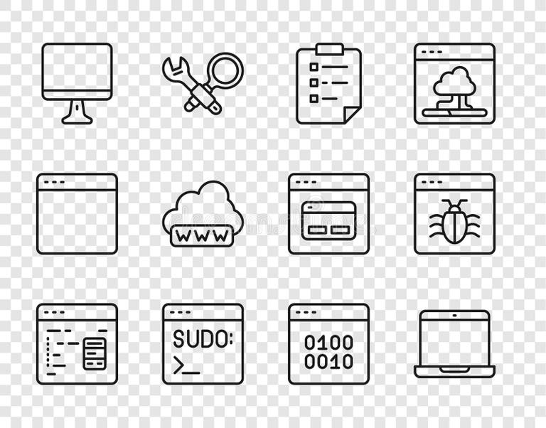 Set Line Software, Laptop, Clipboard with Checklist, Code Terminal, Computer Monitor Screen, Web ...