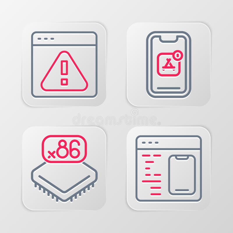 Set Line Software Processor With Microcircuits Cpu Mobile Apps And Browser Exclamation Mark