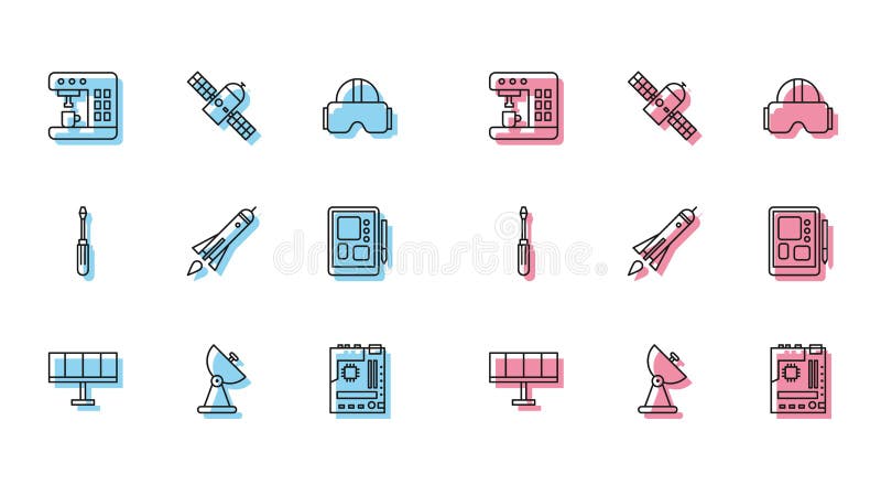 Set Line Solar Energy Panel, Radar, Coffee Machine, Motherboard, Rocket ... Set Line Solar Energy Panel, Radar, Coffee Machine, Motherboard, Rocket ...