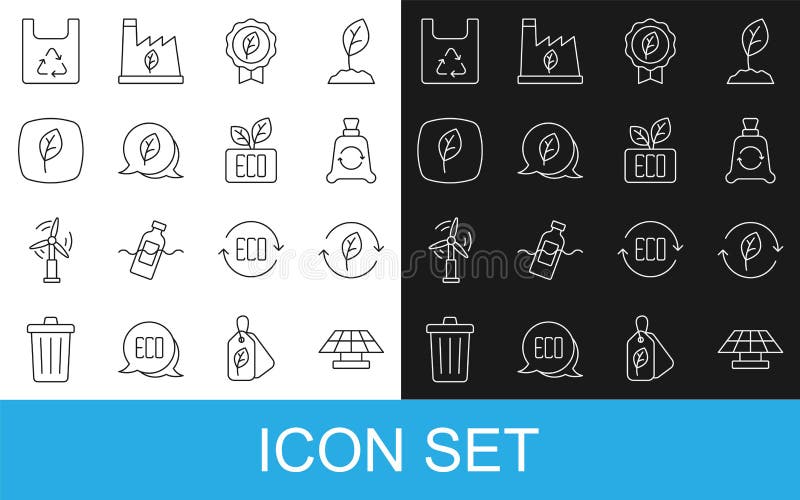 Set Line Solar Energy Panel, Recycle Symbol with Leaf, Garbage Bag ...