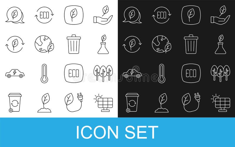 Set Line Solar Energy Panel, Tree, Plant Breeding, Leaf Eco Symbol ...