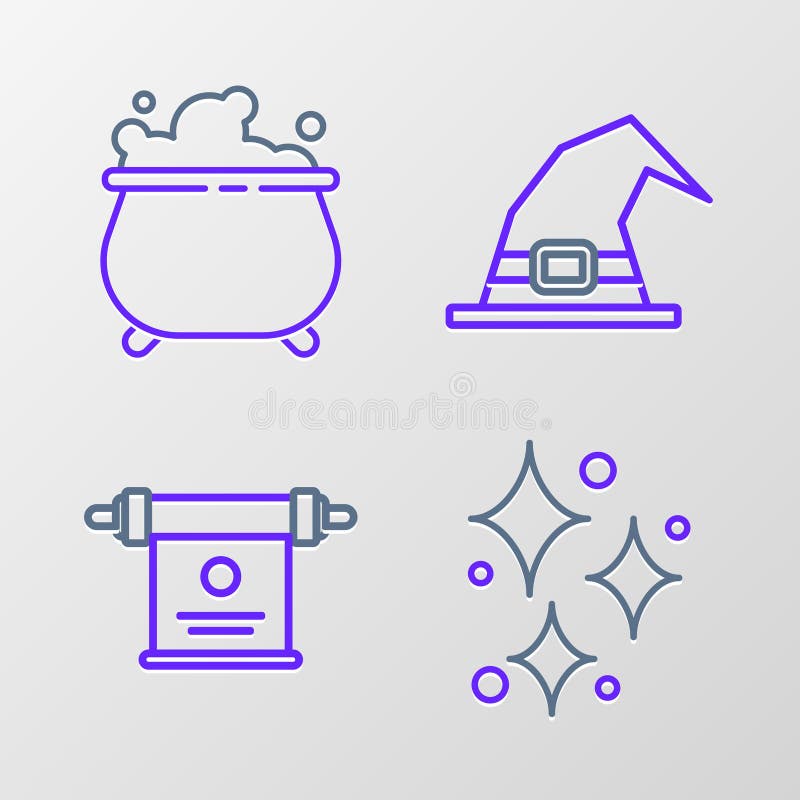 Set Line Sparkle Stars with Magical Glitter, Magic Scroll, Witch Hat ...