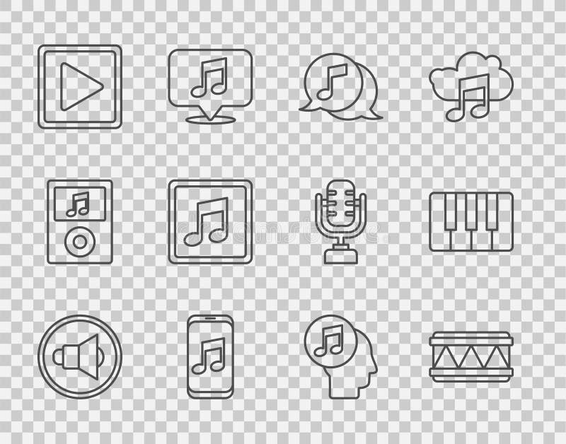 Set Line Speaker Volume, Drum, Musical Note in Speech Bubble, Player ...