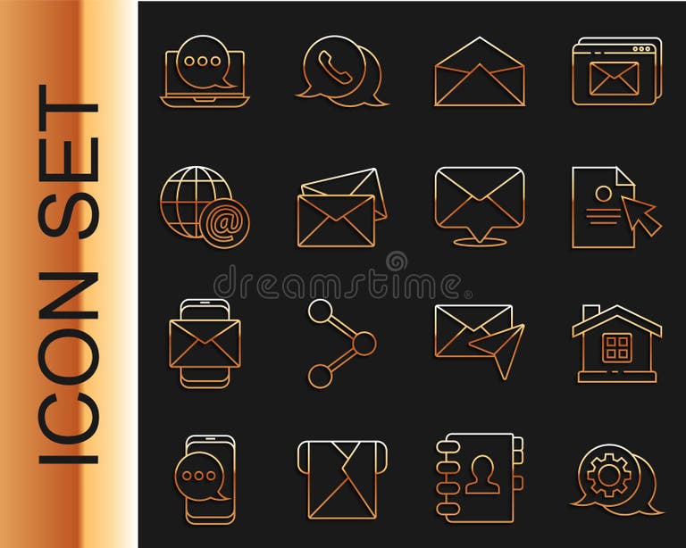 Set Line Speech Bubble Chat, House, Document and Cursor, Envelope ...