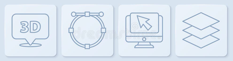 Set Line Speech Bubble with Text 3D, Computer Monitor and Cursor, Circle with Bezier Curve and ...
