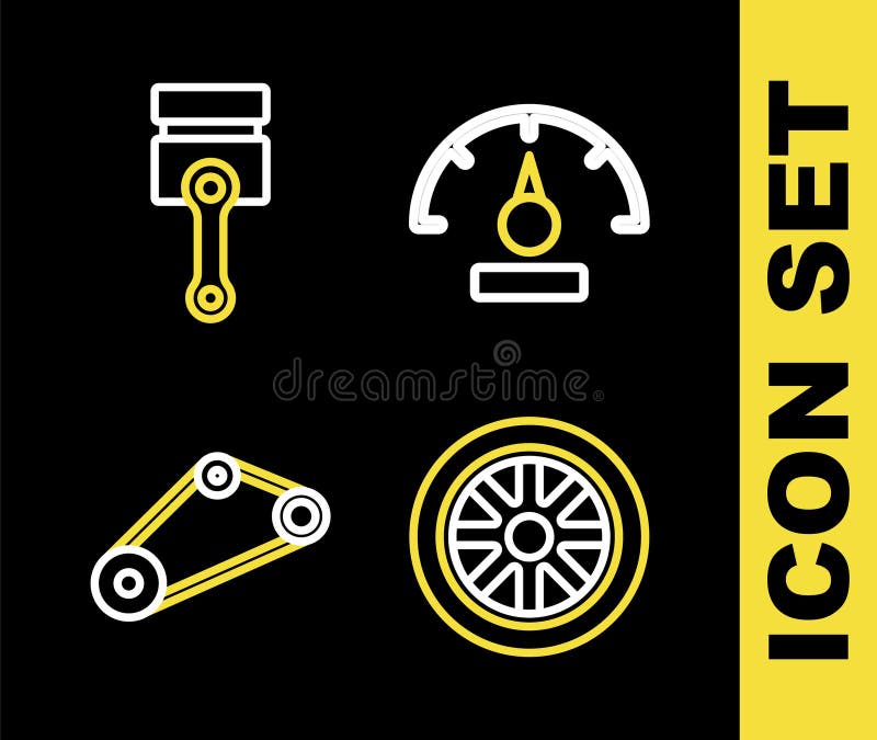 Set Line Speedometer, Car Wheel, Timing Belt Kit and Engine Piston Icon ... Set Line Speedometer, Car Wheel, Timing Belt Kit and Engine Piston Icon ...