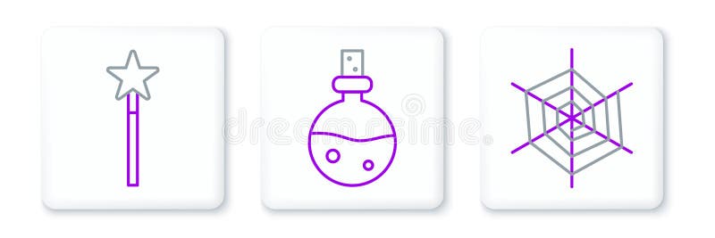 Set Line Spider Web, Magic Wand and Bottle with Love Potion Icon ...
