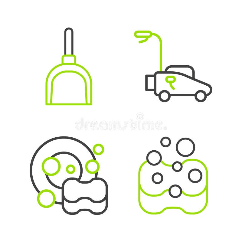 Set Line Sponge, Washing Dishes, Lawn Mower and Dustpan Icon. Vector ...