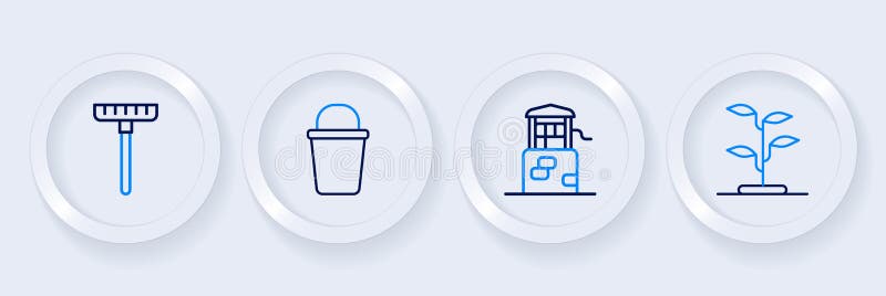 Set Line Sprout, Well, Bucket and Garden Rake Icon. Vector Stock Vector ...