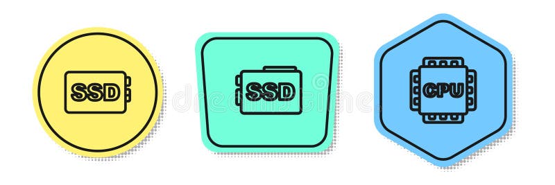 Set Line SSD Card, and Processor with CPU. Colored Shapes Stock Vector ...