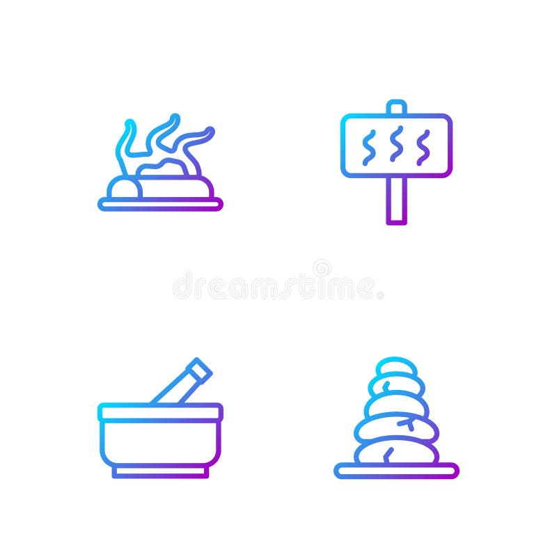 Set Line Stack Hot Stones, Mortar and Pestle, Campfire and Sauna. Gradient Color Icons. Vector ...