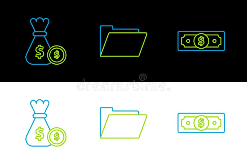 Set Line Stacks Paper Money Cash, Money Bag and Coin and Document ...