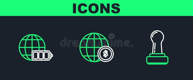 Set Line Stamp, Battery Charge Level Indicator with Earth Globe and ...