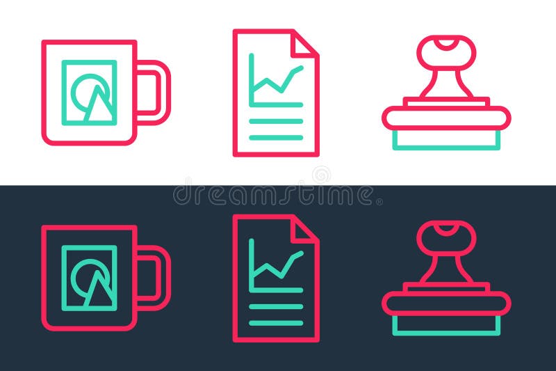Set Line Stamp, Coffee Cup and Document with Graph Chart Icon. Vector ...