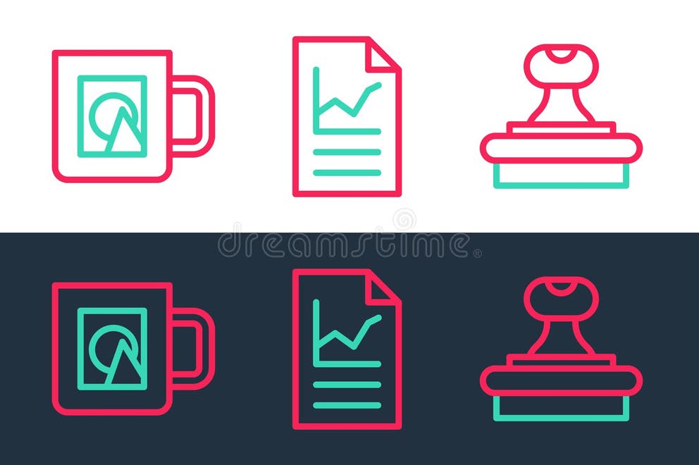 Set Line Stamp, Coffee Cup and Document with Graph Chart Icon. Vector ...