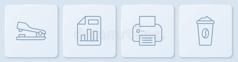 Set Line Stapler, Printer, Document with Graph Chart and Coffee Cup To ...