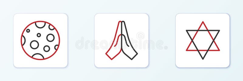 Set Line Star of David, Moon and Hands in Praying Position Icon. Vector ...