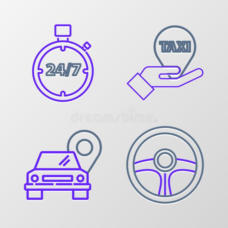 Set Line Steering Wheel, Map Pointer with Taxi, Hand on Map and ...