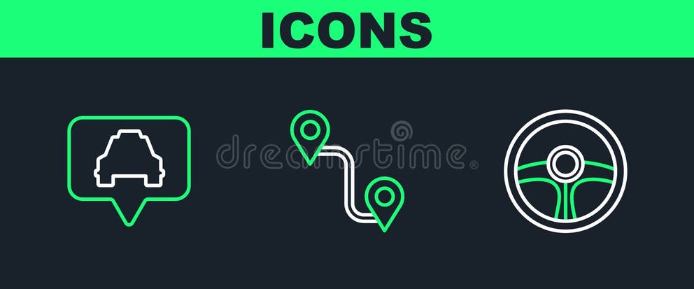 Set Line Steering Wheel, Map Pointer with Taxi and Route Location Icon ...