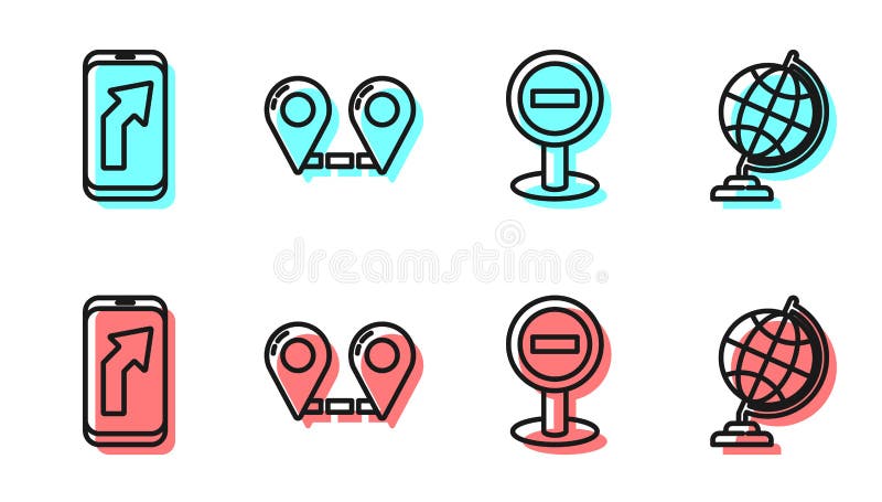 Set Line Stop Sign, City Map Navigation, Route Location and Earth Globe ...
