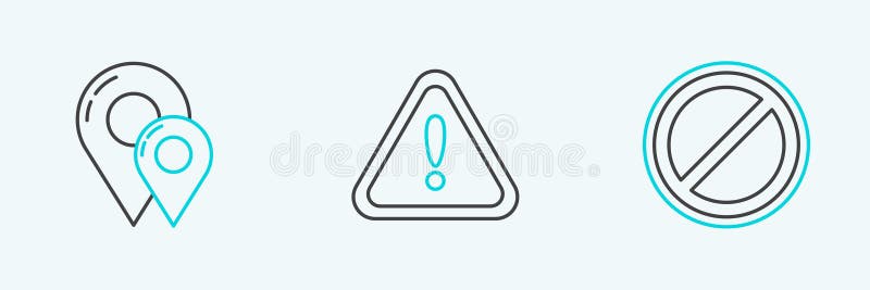 Set Line Stop Sign, Map Pin and Exclamation Mark Triangle Icon. Vector ...