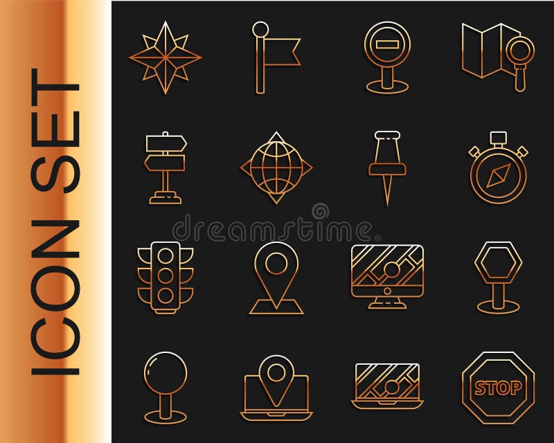 Set Line Stop Sign, Road Traffic, Compass, World Globe with Compass ...