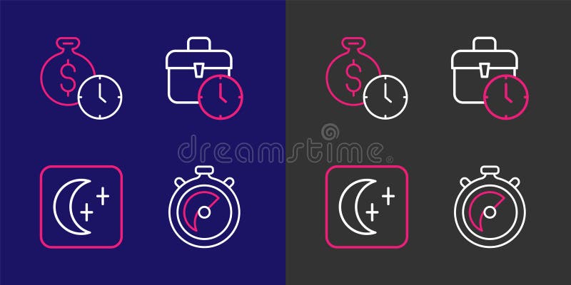 Set Line Stopwatch, Moon and Stars, Work Time and Time is Money Icon ...