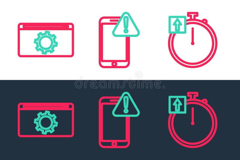 Set Line Stopwatch, Setting and Mobile with Exclamation Mark Icon ... Set Line Stopwatch, Setting and Mobile with Exclamation Mark Icon ...